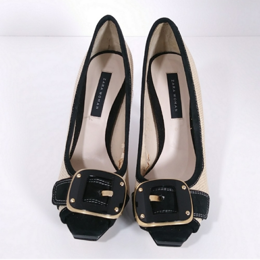 Zara Woman Patent Leather/Straw Heels Size 36 (6) - Gem